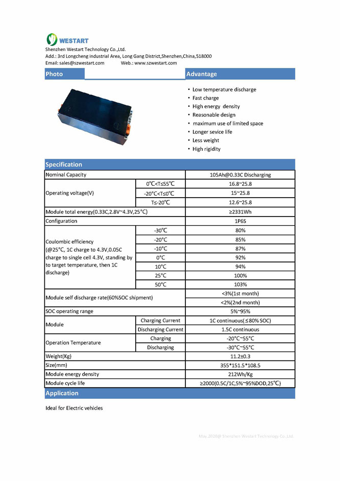 WESTART NCM VDA355 1P6S module lithium battery module automotive design with standard 355mm size